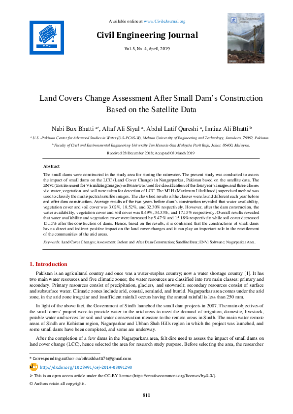 (PDF) Land Covers Change Assessment After Small Dam's Construction ...