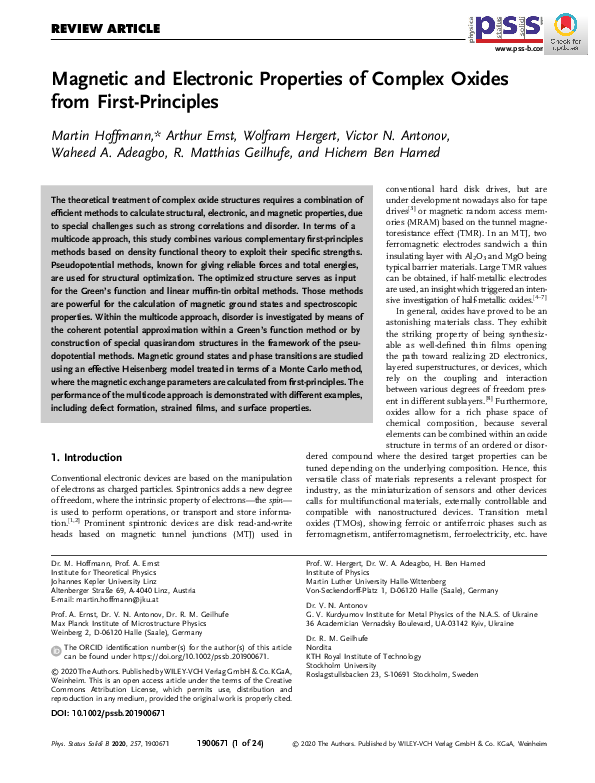 (PDF) Magnetic and Electronic Properties of Complex Oxides from First‐Principles