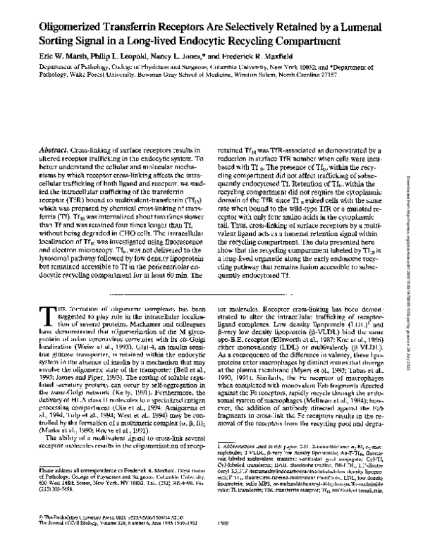 (PDF) Oligomerized transferrin receptors are selectively retained by a ...
