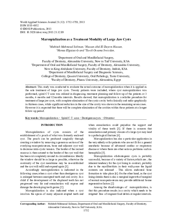 (PDF) Marsupialization as a Treatment Modality of Large Jaw Cysts