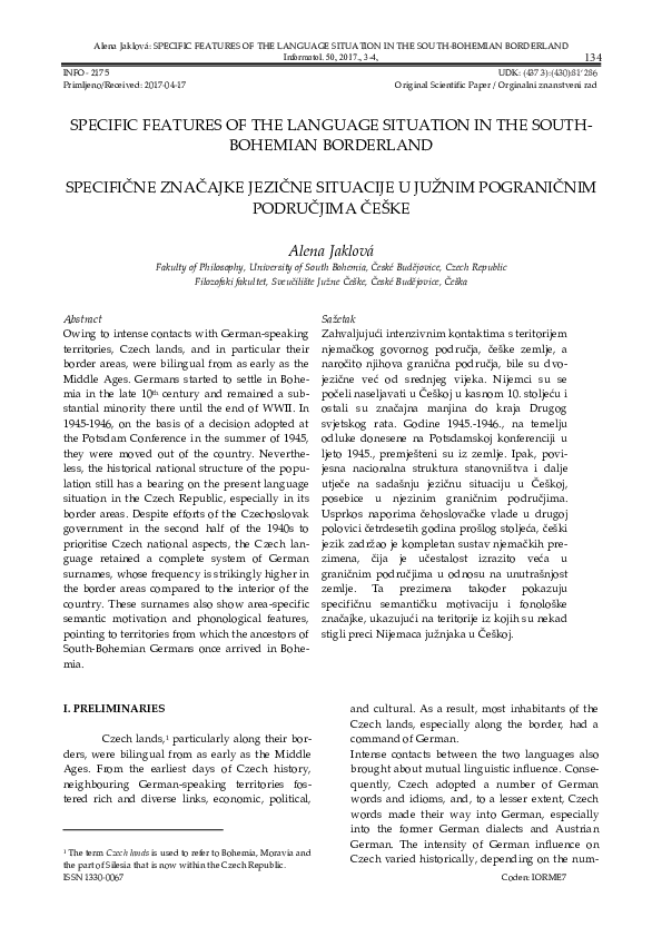 (PDF) Specific Features of the Language Situation in the South-Bohemian