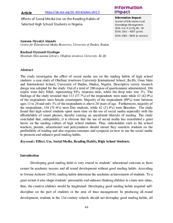 (PDF) Effects of social media use on the reading habits of selected ...