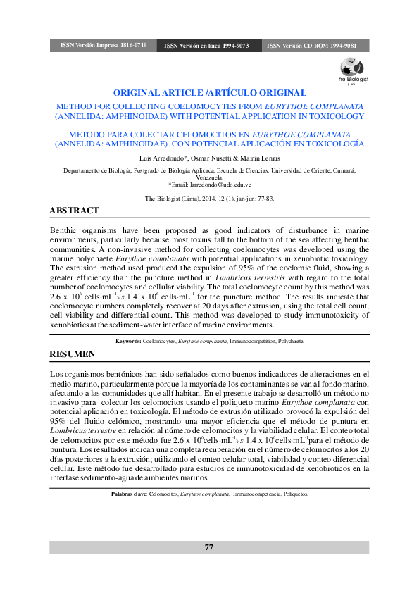 (PDF) Method for Collecting Coelomocytes from Eurythoe Complanata ...