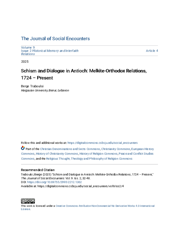 (PDF) Schism and Dialogue in Antioch: Melkite-Orthodox Relations ...