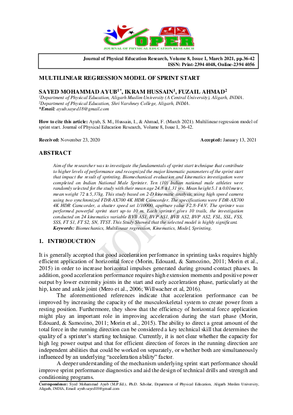 (PDF) Multilinear Regression Model of Sprint Start
