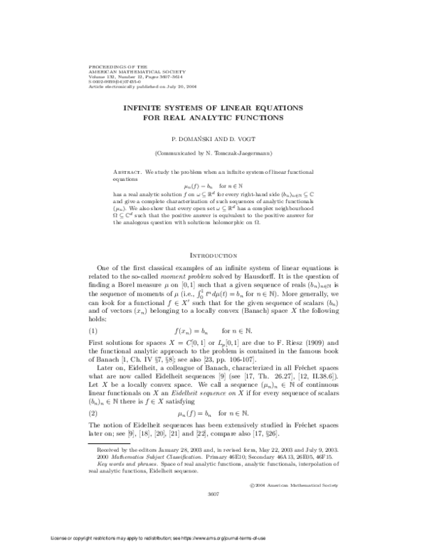 (PDF) Infinite systems of linear equations for real analytic functions