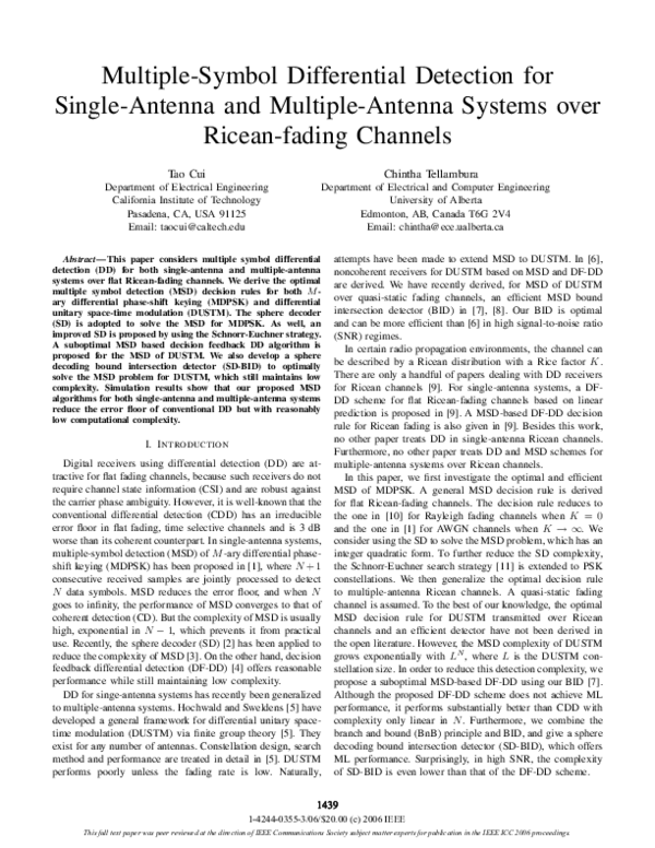 (PDF) Multiple-Symbol Differential Detection for Single-Antenna and ...