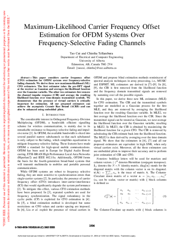 (PDF) Maximum-likelihood carrier frequency offset estimation for OFDM systems over frequency ...
