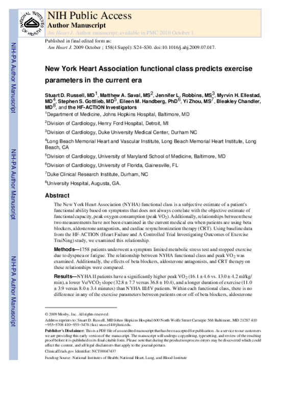 (PDF) New York Heart Association functional class predicts exercise ...