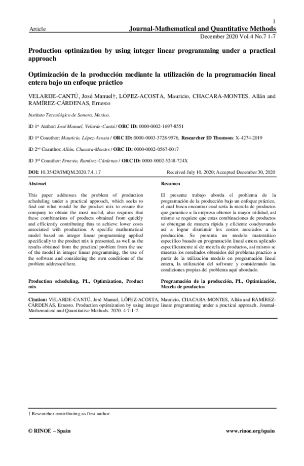 (PDF) Production optimization by using integer linear programming under a practical approach