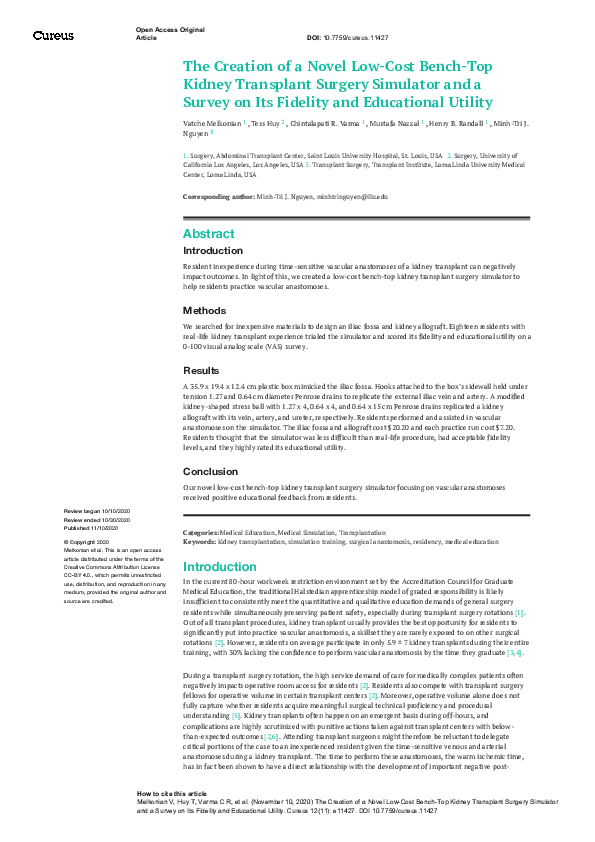(PDF) The Creation of a Novel Low-Cost Bench-Top Kidney Transplant ...