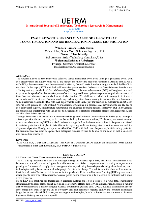 (PDF) EVALUATING THE FINANCIAL VALUE OF RISE WITH SAP: TCO OPTIMIZATION ...