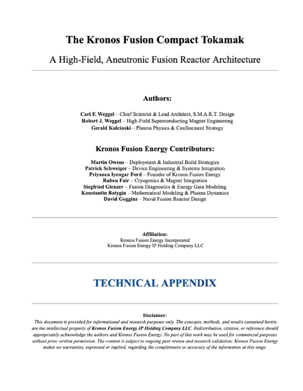 (PDF) Kronos Fusion Energy Special Topic Technical Appendix Extended Derivations Simulations and ...