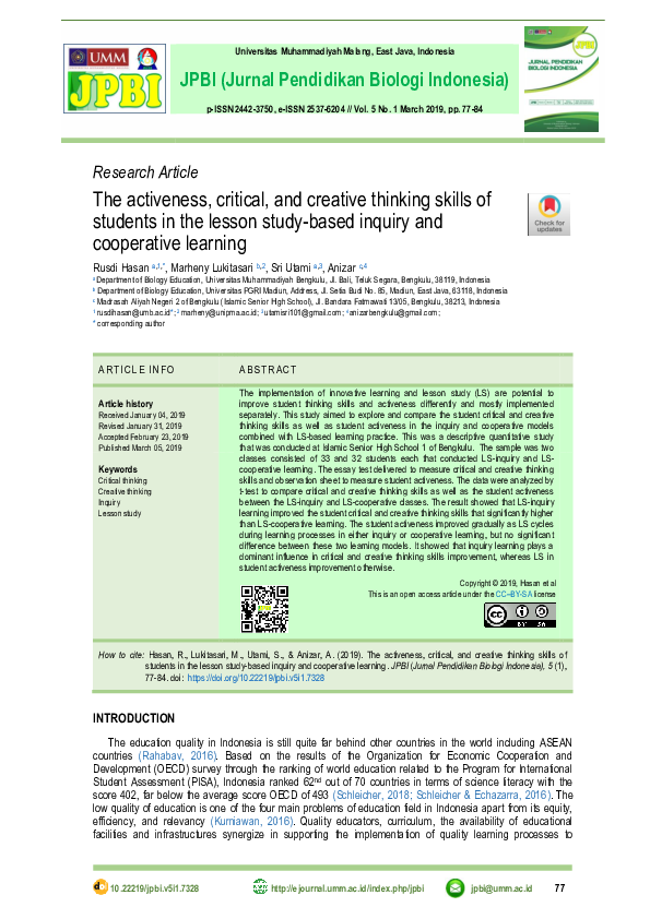 (PDF) The activeness, critical, and creative thinking skills of ...
