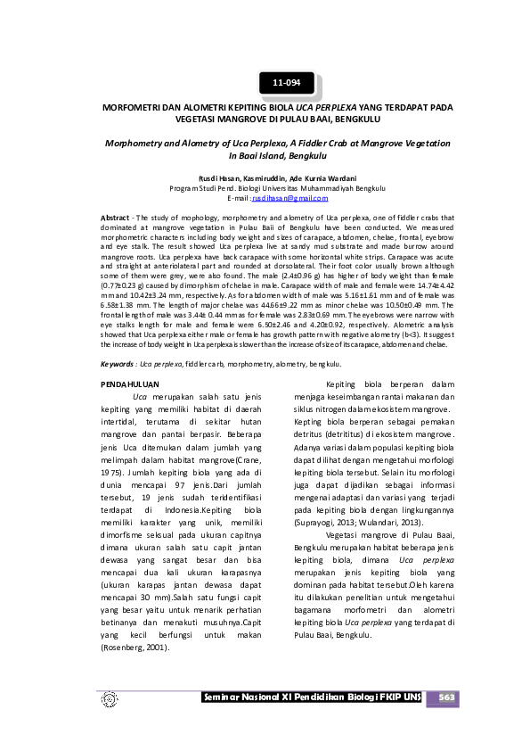 (PDF) Morfometri Dan Alometri Kepiting Biola Uca Perplexa Yang Terdapat ...