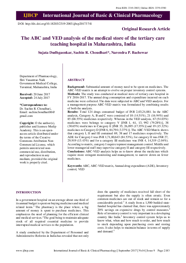 (PDF) The ABC and VED analysis of the medical store of the tertiary ...