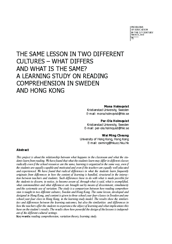(PDF) The same lesson in two different cultures - what differs and what ...