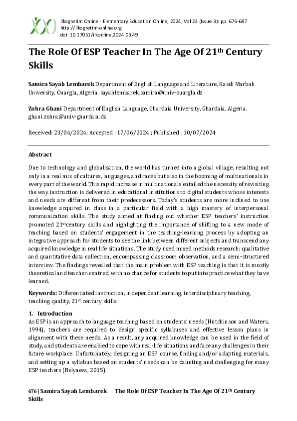 (PDF) The Role Of ESP Teacher In The Age Of 21 th Century Skills