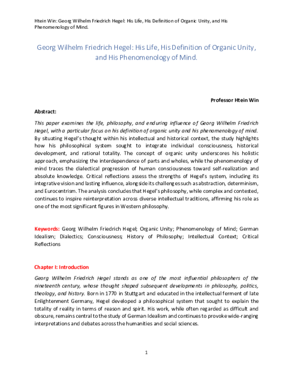 (PDF) Georg Wilhelm Friedrich Hegel: His Life, His Definition of ...