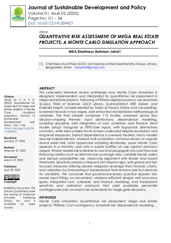 Pdf Quantitative Risk Assessment Of Mega Real Estate Projects A Monte Carlo Simulation Approach
