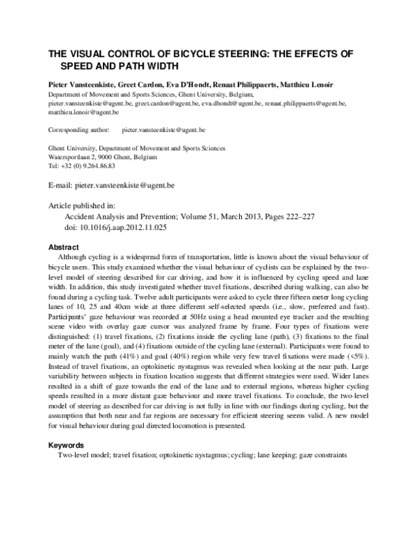 (PDF) The visual control of bicycle steering: The effects of speed and ...