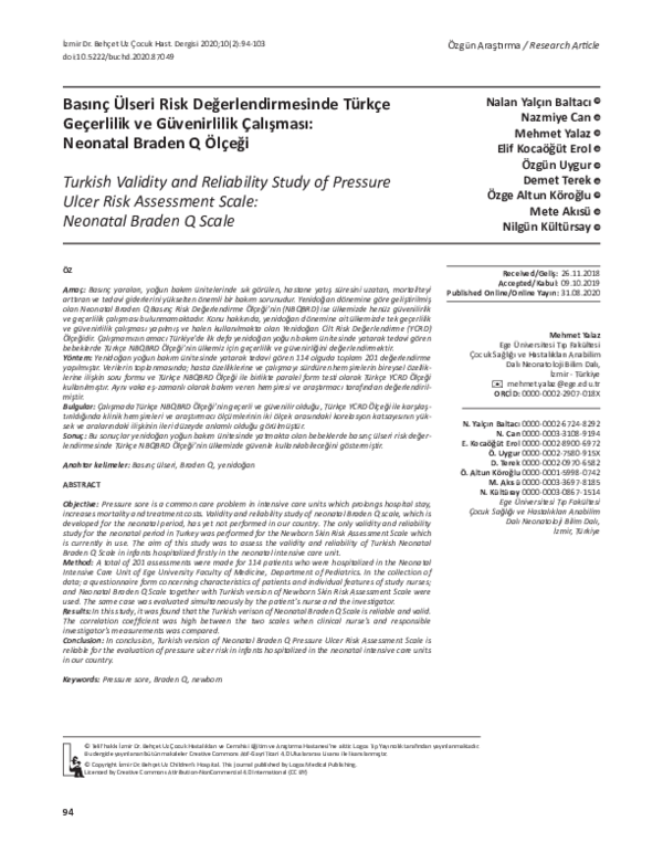 (PDF) The Turkish Validity Reliability Study of the Neonatal Braden Q ...