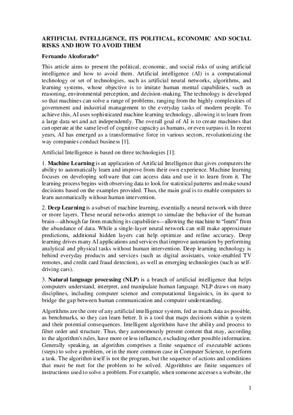 (PDF) ARTIFICIAL INTELLIGENCE, ITS POLITICAL, ECONOMIC AND SOCIAL RISKS ...
