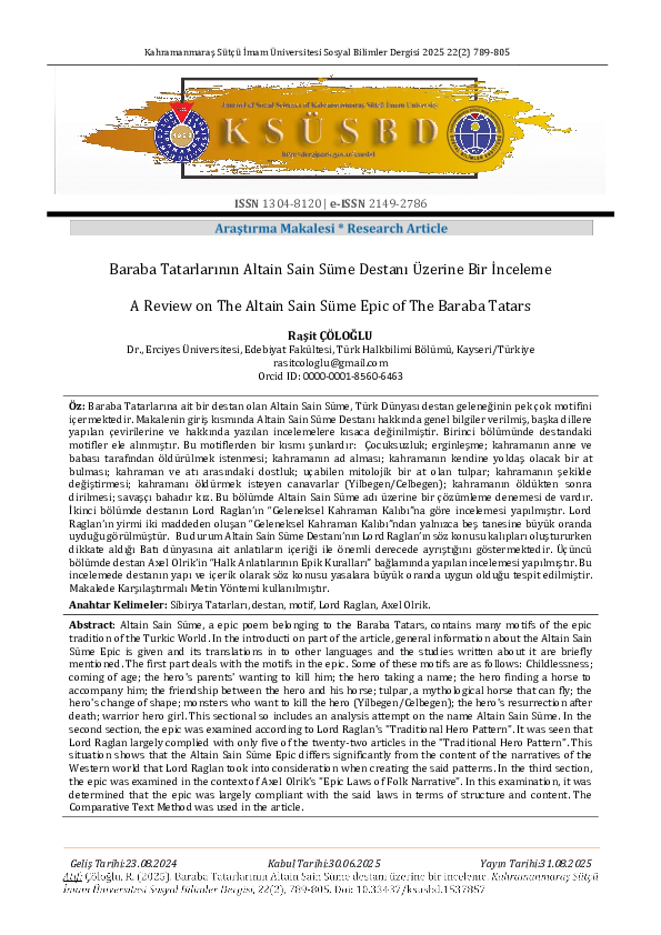 (PDF) Baraba Tatarlarının Altain Sain Süme Destanı Üzerine Bir İnceleme ...