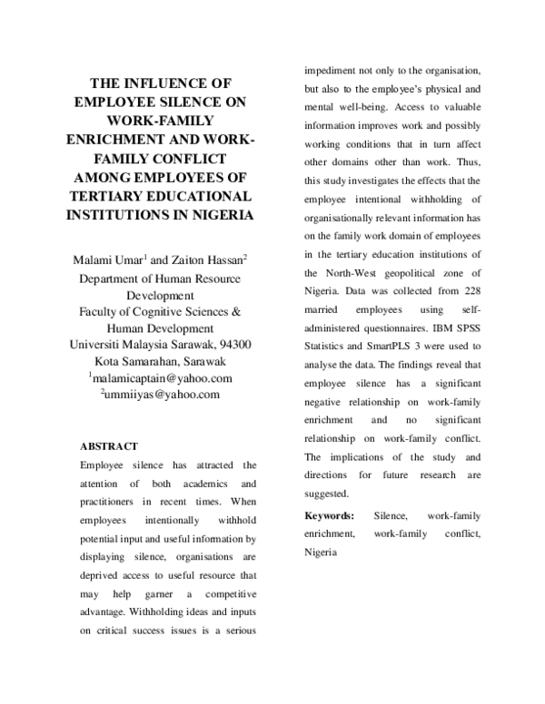 (PDF) The Influence of Employee Silence on Work-Family Enrichment and ...
