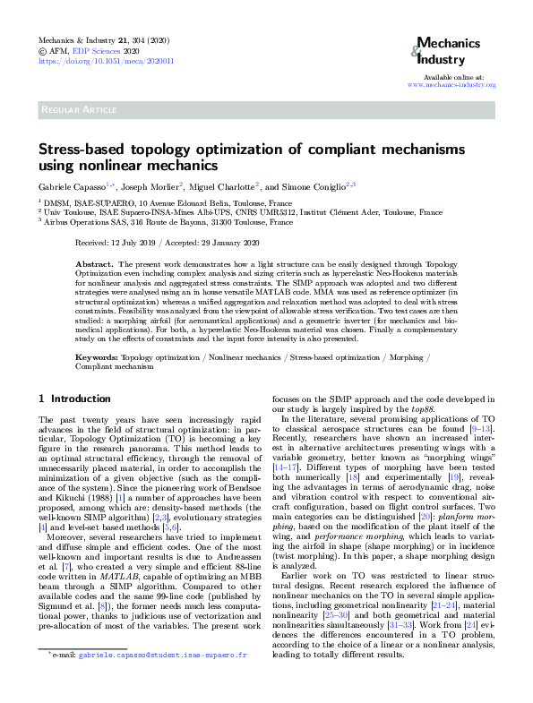 (PDF) Stress-based topology optimization of compliant mechanisms using nonlinear mechanics