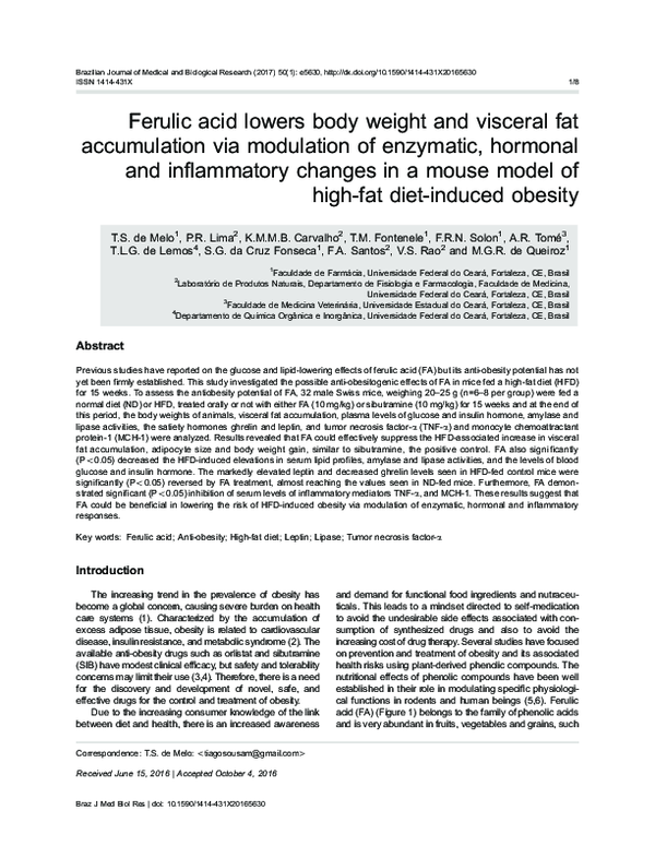 (PDF) Ferulic acid lowers body weight and visceral fat accumulation via ...
