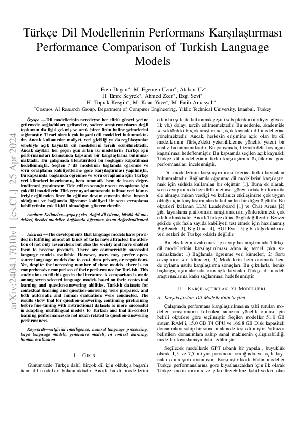 (PDF) T\"urk\c{c}e Dil Modellerinin Performans Kar\c{s}{\i}la\c{s}t{\i ...