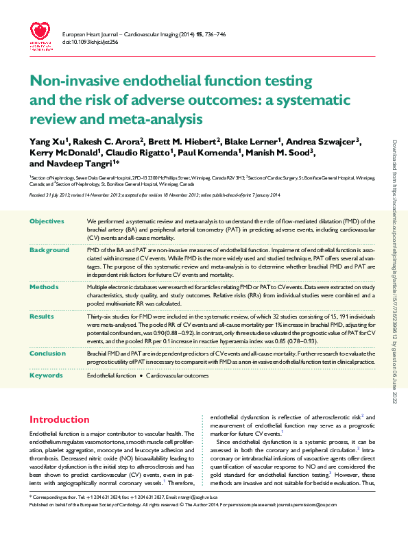 (PDF) Non-invasive endothelial function testing and the risk of adverse ...