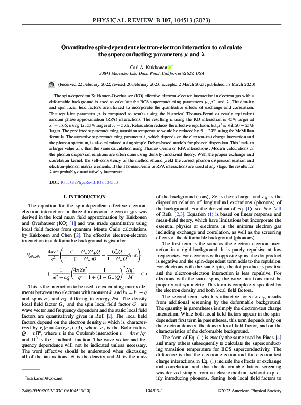 (PDF) Quantitative spin-dependent electron-electron interaction to calculate the superconducting ...