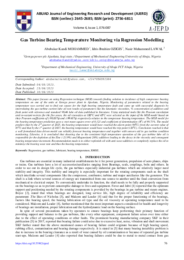 (PDF) Gas Turbine Bearing Temperature Monitoring via Regression Modelling