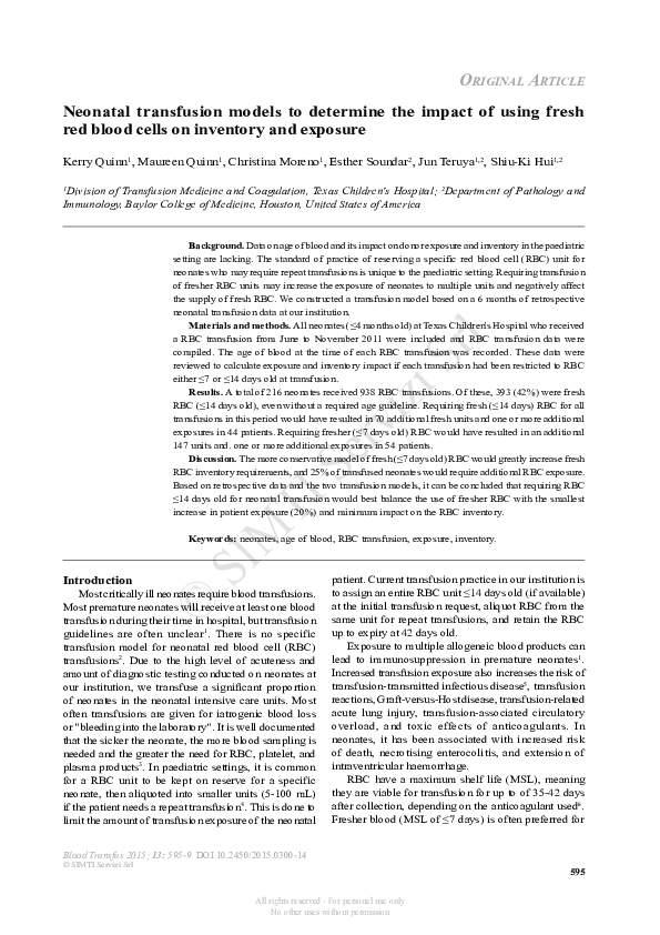 (PDF) Neonatal transfusion models to determine the impact of using ...