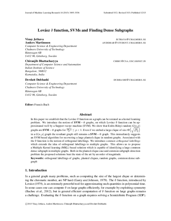 (PDF) Lovász ϑ function, SVMs and finding dense subgraphs
