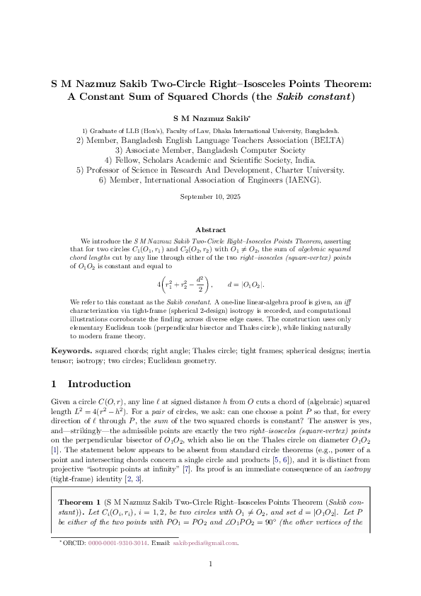 (PDF) S M Nazmuz Sakib Two-Circle Right-Isosceles Points Theorem: A Constant Sum of Squared Chords