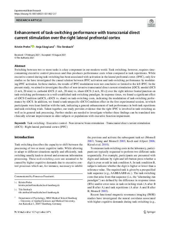 Pdf Enhancement Of Task Switching Performance With Transcranial Direct Current Stimulation