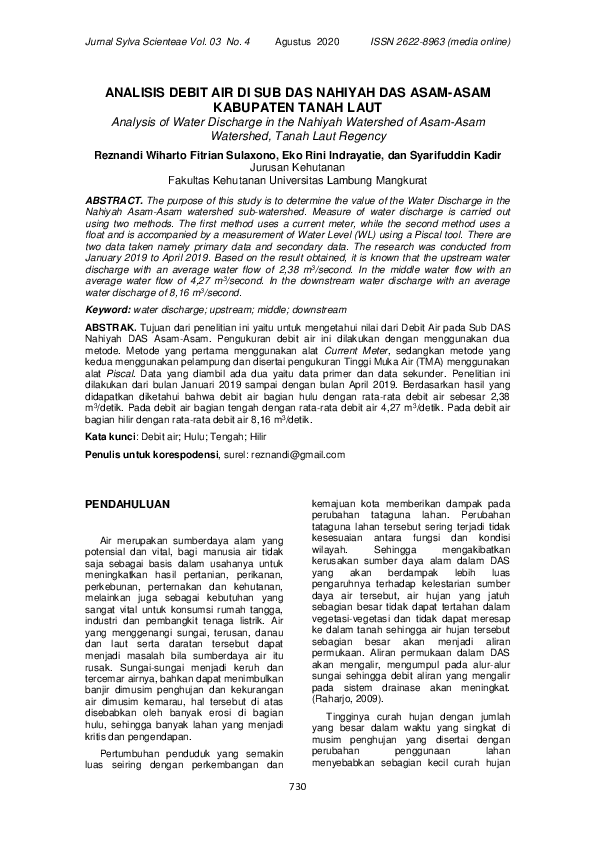 (PDF) Analisis Debit Air DI Sub Das Nahiyah Das Asam-Asam Kabupaten ...