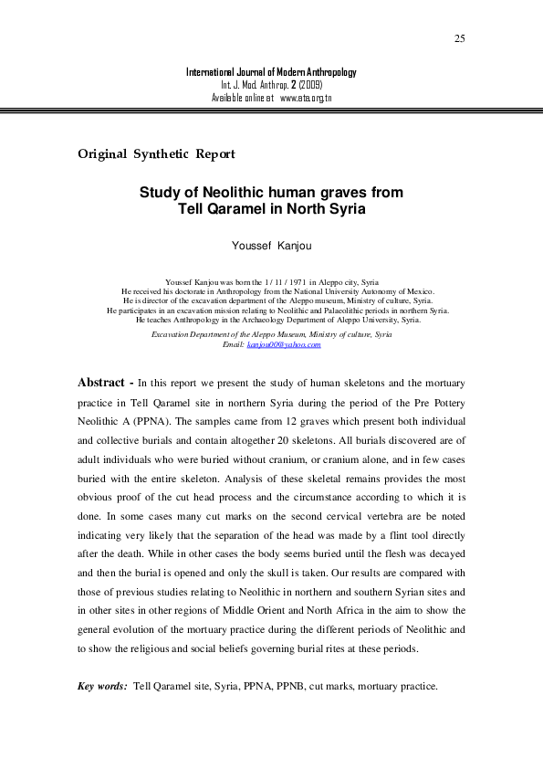 (PDF) Study of Neolithic human graves from Tell Qaramel in North Syria