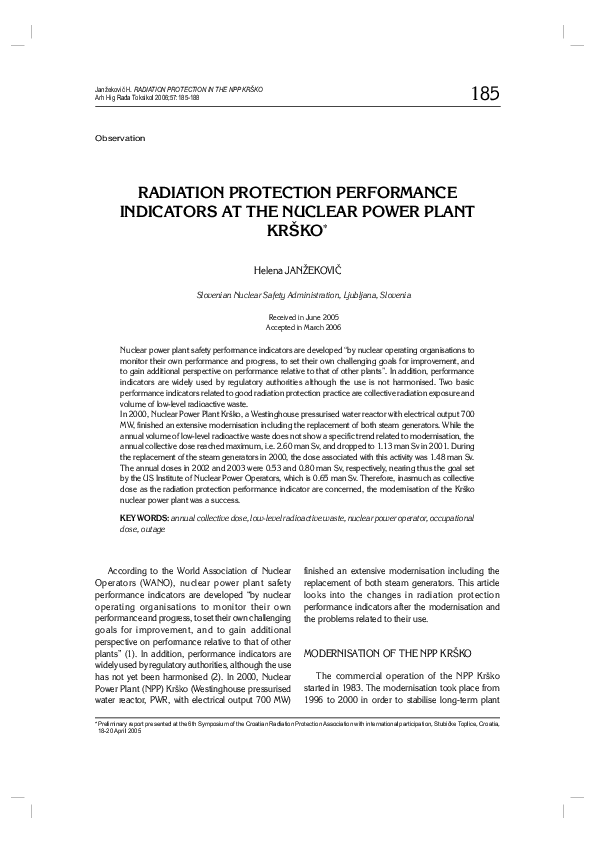 (PDF) Radiation protection performance indicators at the Nuclear Power ...