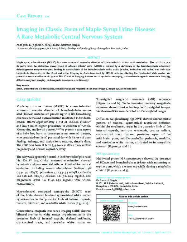 (PDF) Imaging in classic form of maple syrup urine disease: A rare ...