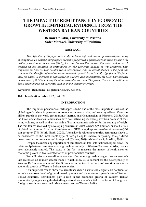 (PDF) The Impact of Remittance in Economic Growth: Empirical Evidence ...