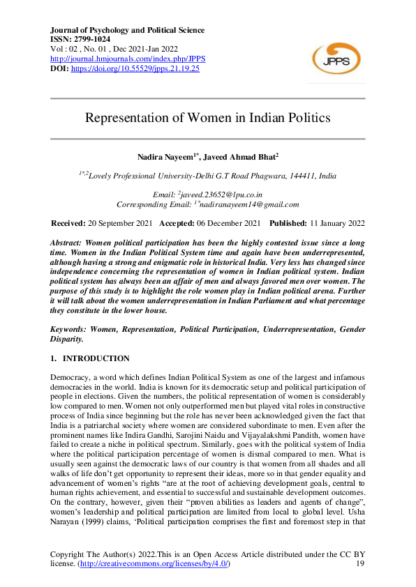 (PDF) Representation of Women in Indian Politics