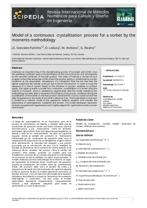 (PDF) Model of a continuous crystallization process for a sorbet by the moments methodology