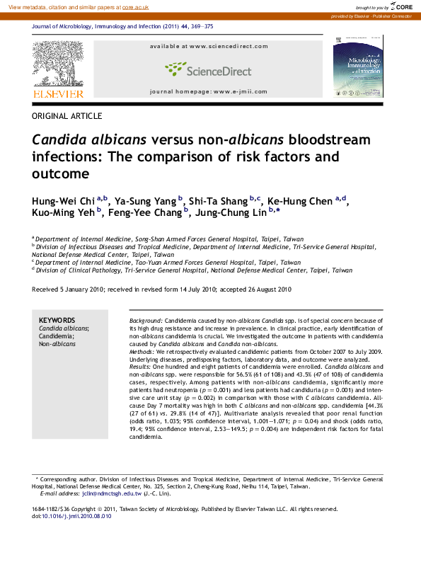 (PDF) Candida albicans versus non-albicans bloodstream infections: The ...