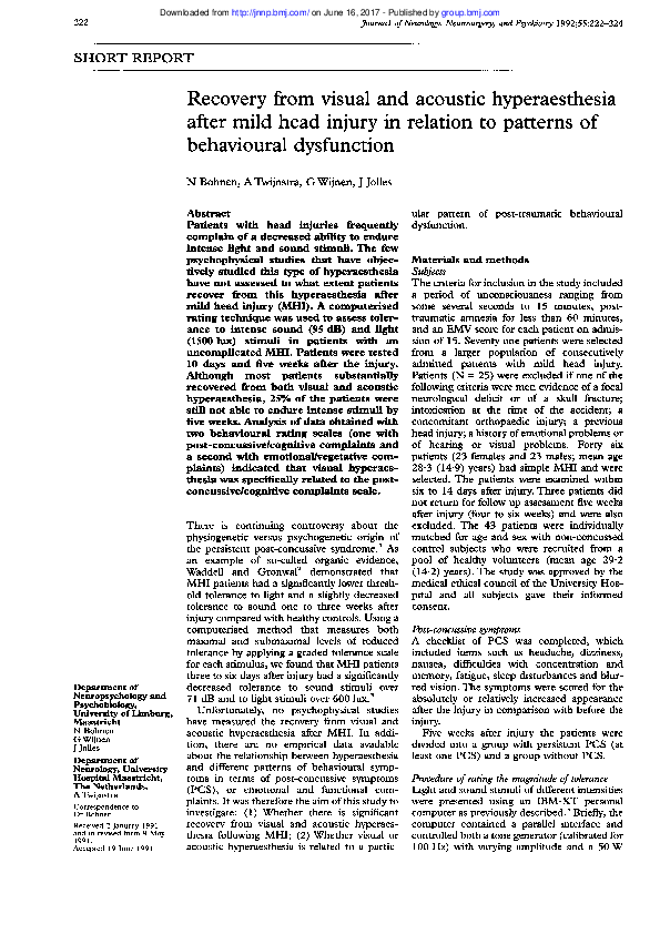 (PDF) Recovery from visual and acoustic hyperaesthesia after mild head ...