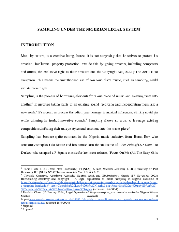 (PDF) SAMPLING UNDER THE NIGERIAN LEGAL SYSTEM