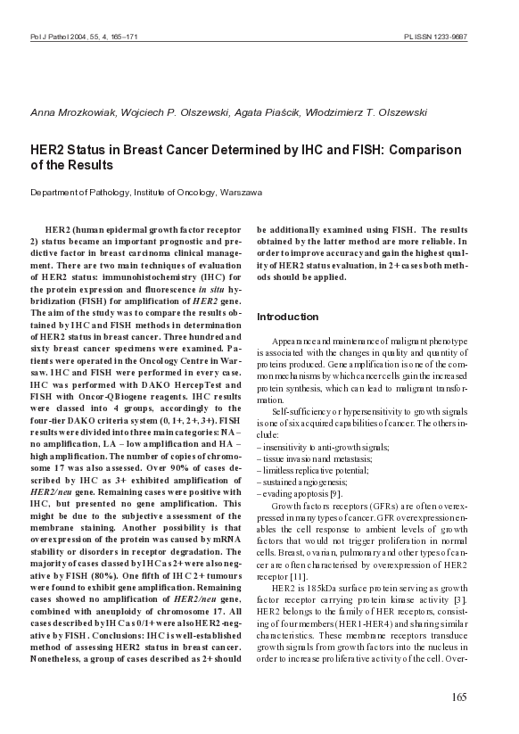 (PDF) HER2 status in breast cancer determined by IHC and FISH ...